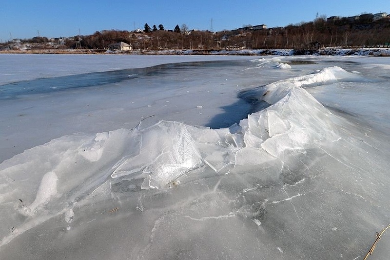 湖面に氷の芸術 釧路・春採湖で御神渡り